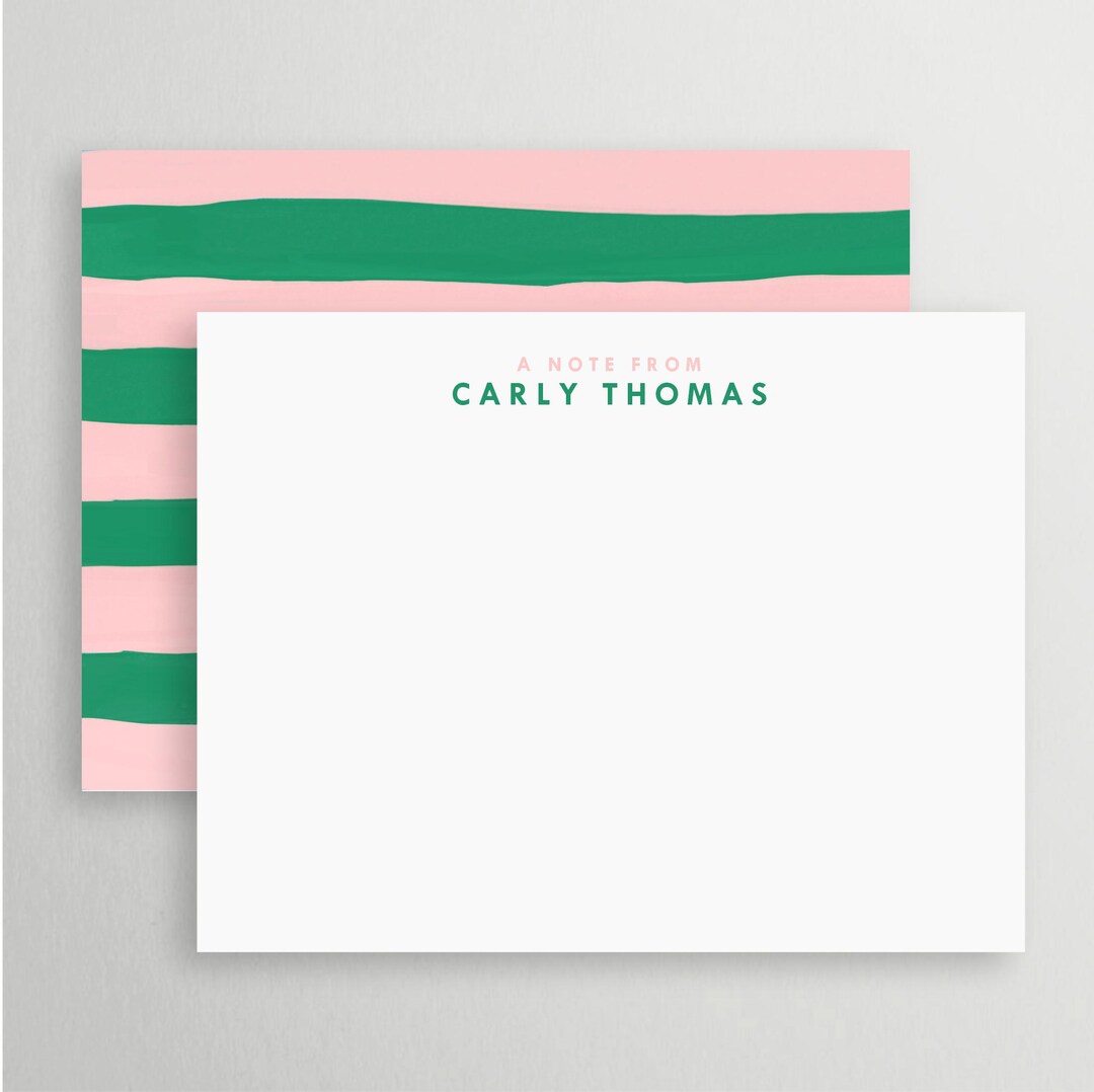 Personalized Stationery Set: Preppy Green & Pink Stripe, Double-sided ...