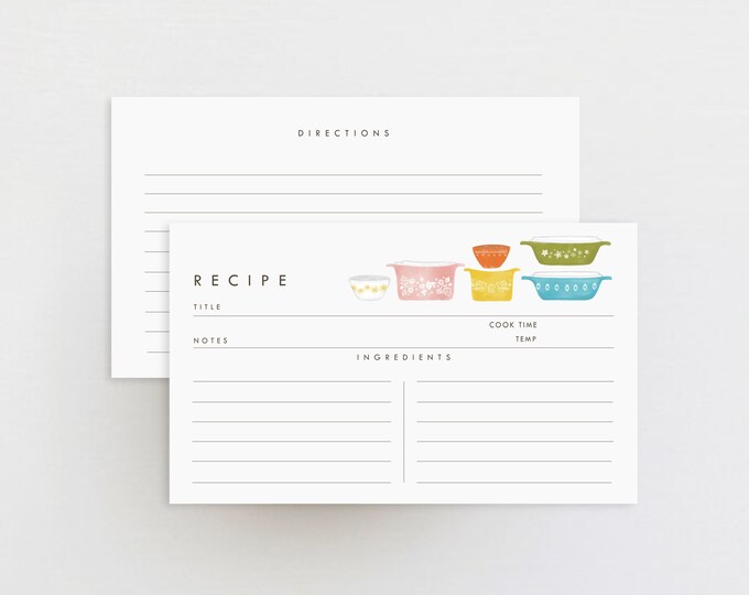 Vintage Baking Dish Recipe Card, Vintage Bowl Recipe Card, Retro ...