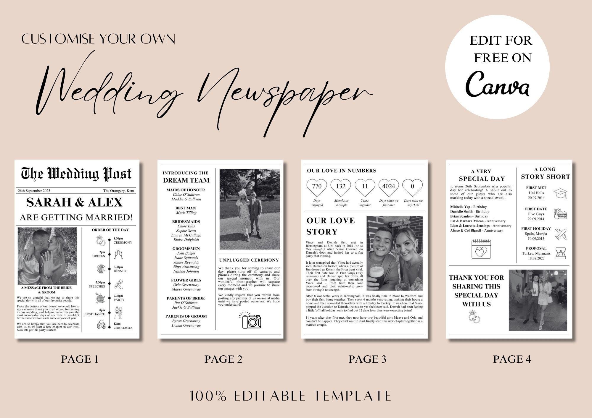 Wedding Newspaper Template, Wedding Program, Newlywed Times, Editable ...