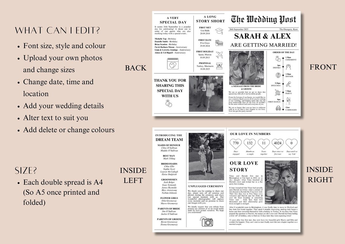 Wedding Newspaper Template, Wedding Program, Newlywed Times, Editable ...