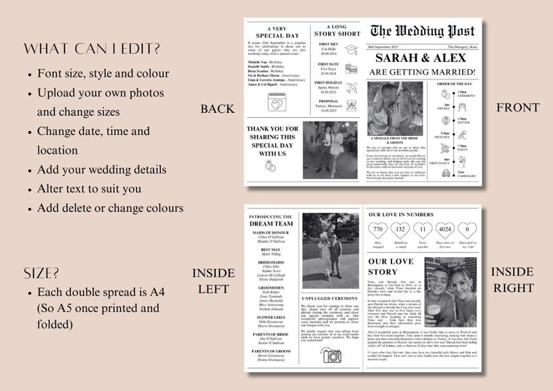Wedding Newspaper Template, Wedding Program, Newlywed Times, Editable ...