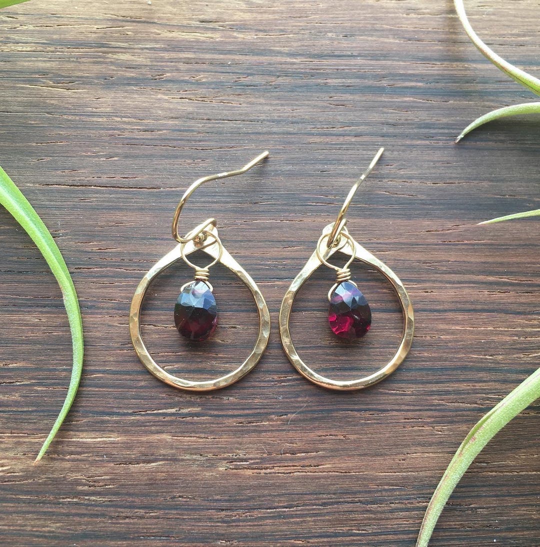 Mini Gold and Garnet Hoops. 14k Gold Fill Hammered Hoops. Garnet ...