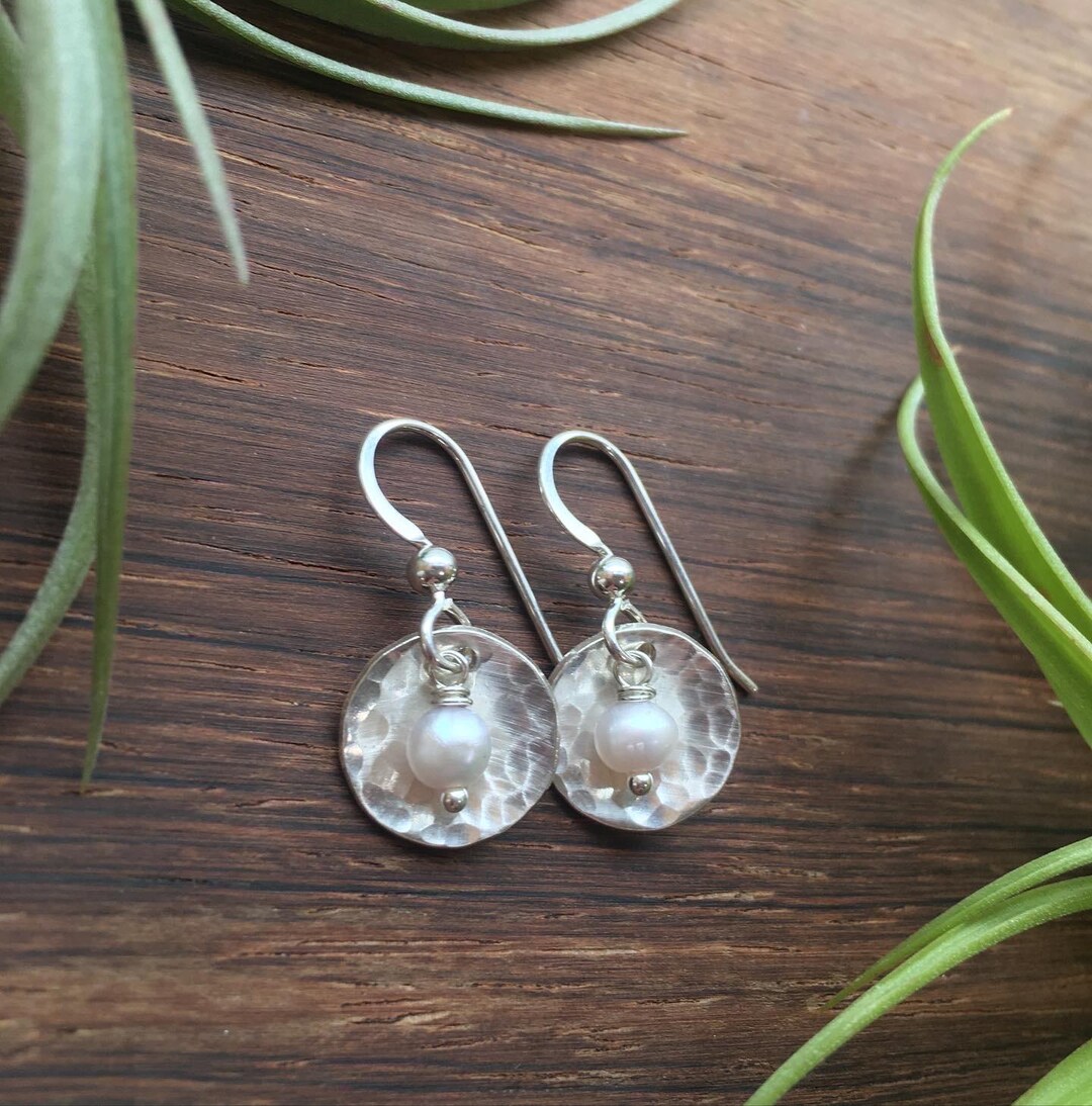 Freshwater Pearls and Sterling Silver Hammered Discs. Silver and Pearl Earrings. Silver and ...