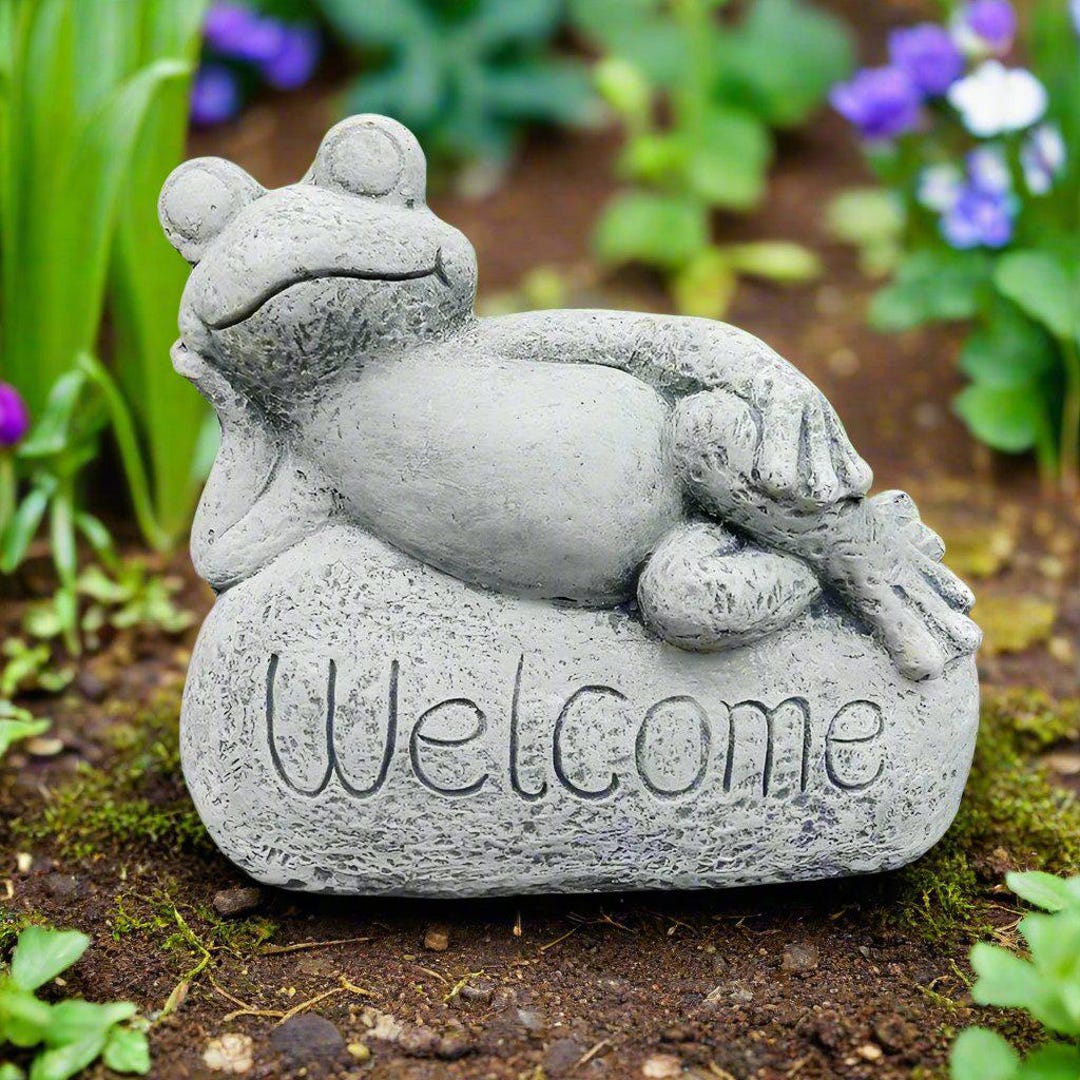 Large Frog Welcome Statue Cement Garden Décor, Handcrafted Outdoor ...