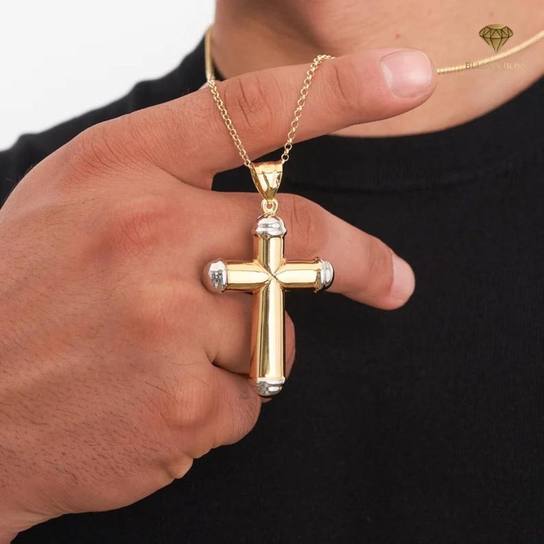 14K Solid Gold Cross Necklace for Men, Chunky Large Real Gold Cross ...