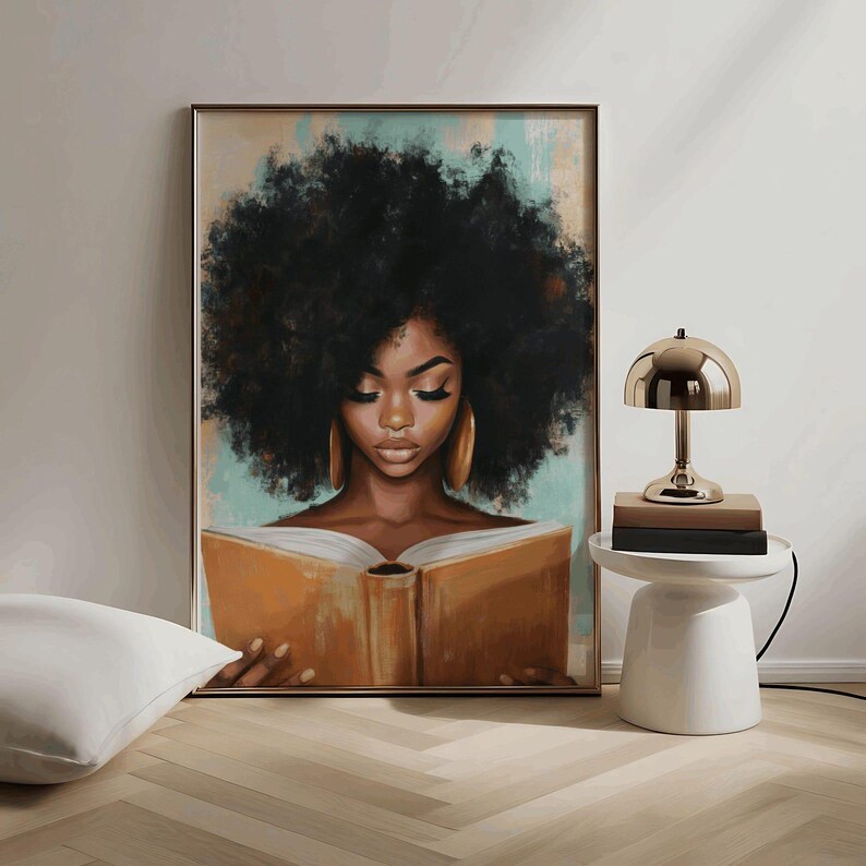 Afrocentric Wall Art of Black Woman Reading Book Lover Canvas Print ...