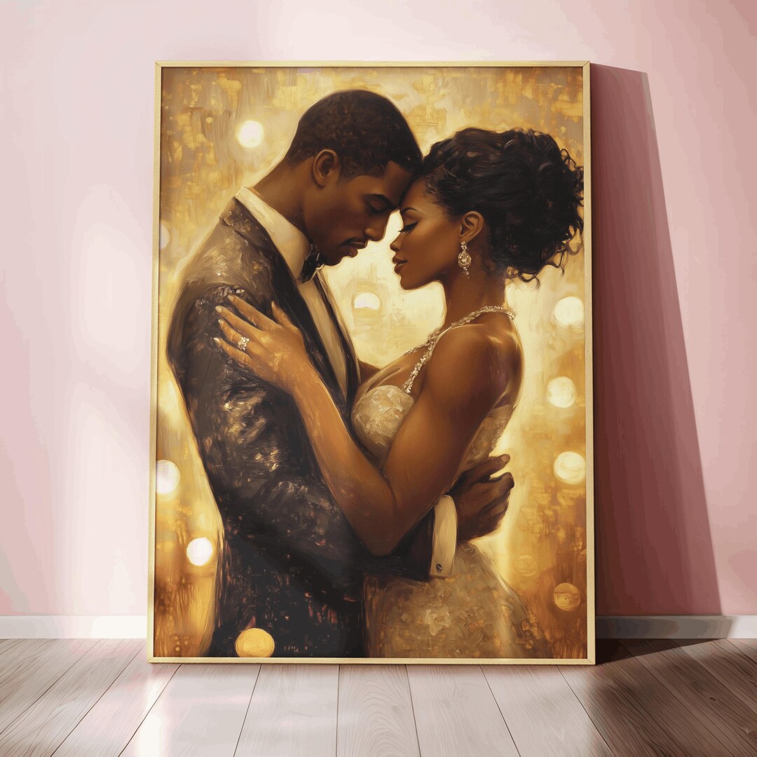 Black Couple Wall Art Gold Wall Art Romantic Home Decor Afrocentric Black Love Art Print ...