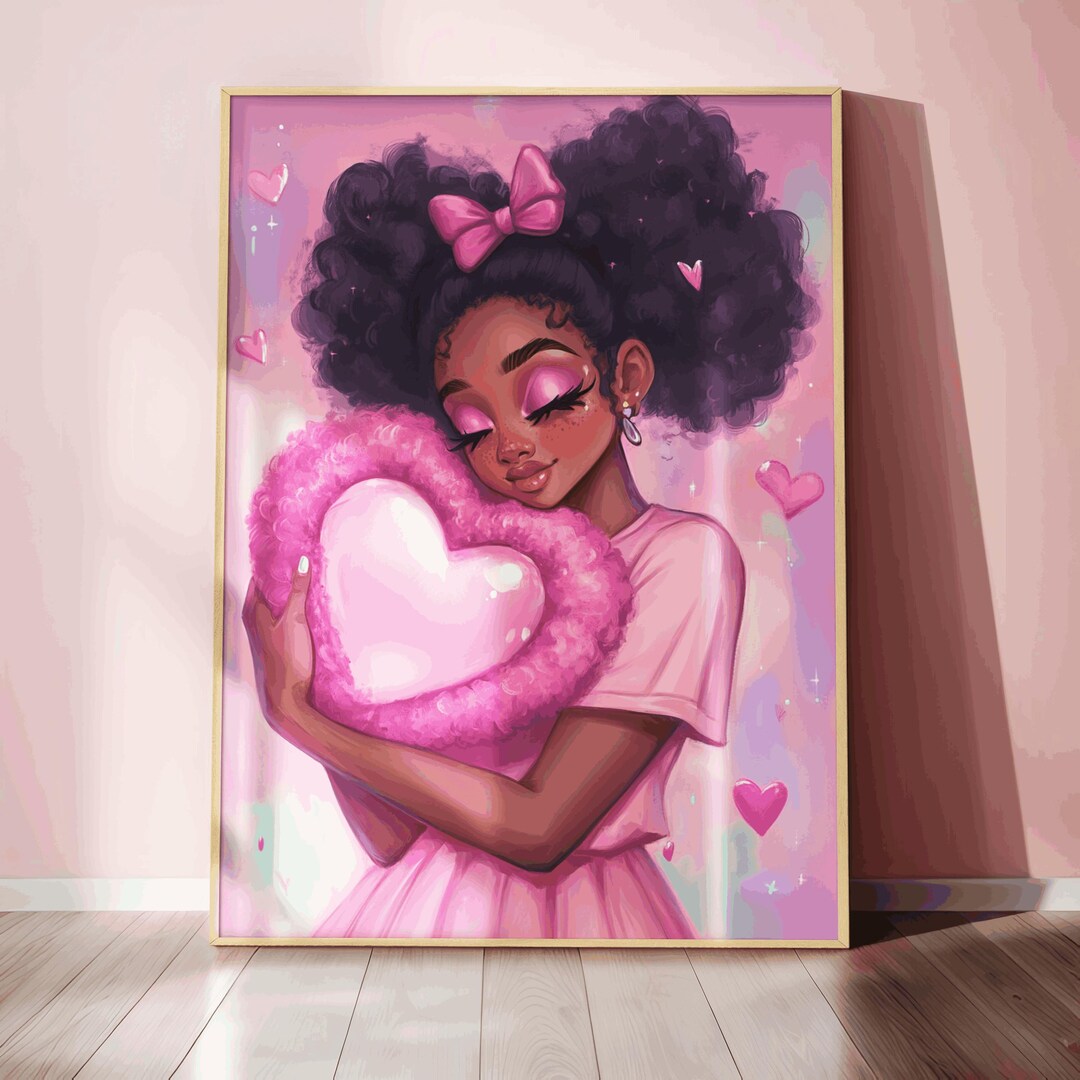 Black Girl Pink Aesthetic Wall Art Print Cute Afro Puff Illustration ...