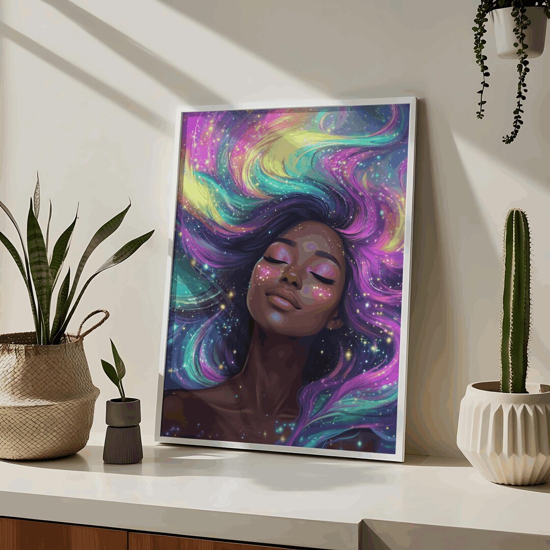 Cosmic Black Woman Wall Art Colorful Galaxy Hair Canvas Print Celestial ...
