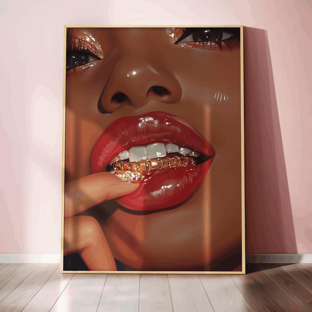 Gold Grillz Lips Art Black Woman Glossy Lips Wall Art Modern Beauty ...