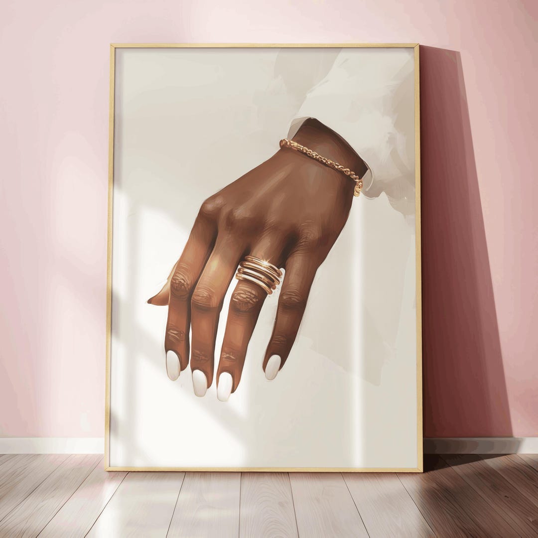Black Woman Hand Art Print: Gold Rings, White Nails (digital Download ...