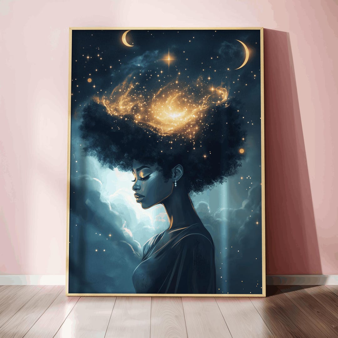Black Woman Galaxy Hair Art Print Afrocentric Celestial Wall Art Cosmic ...