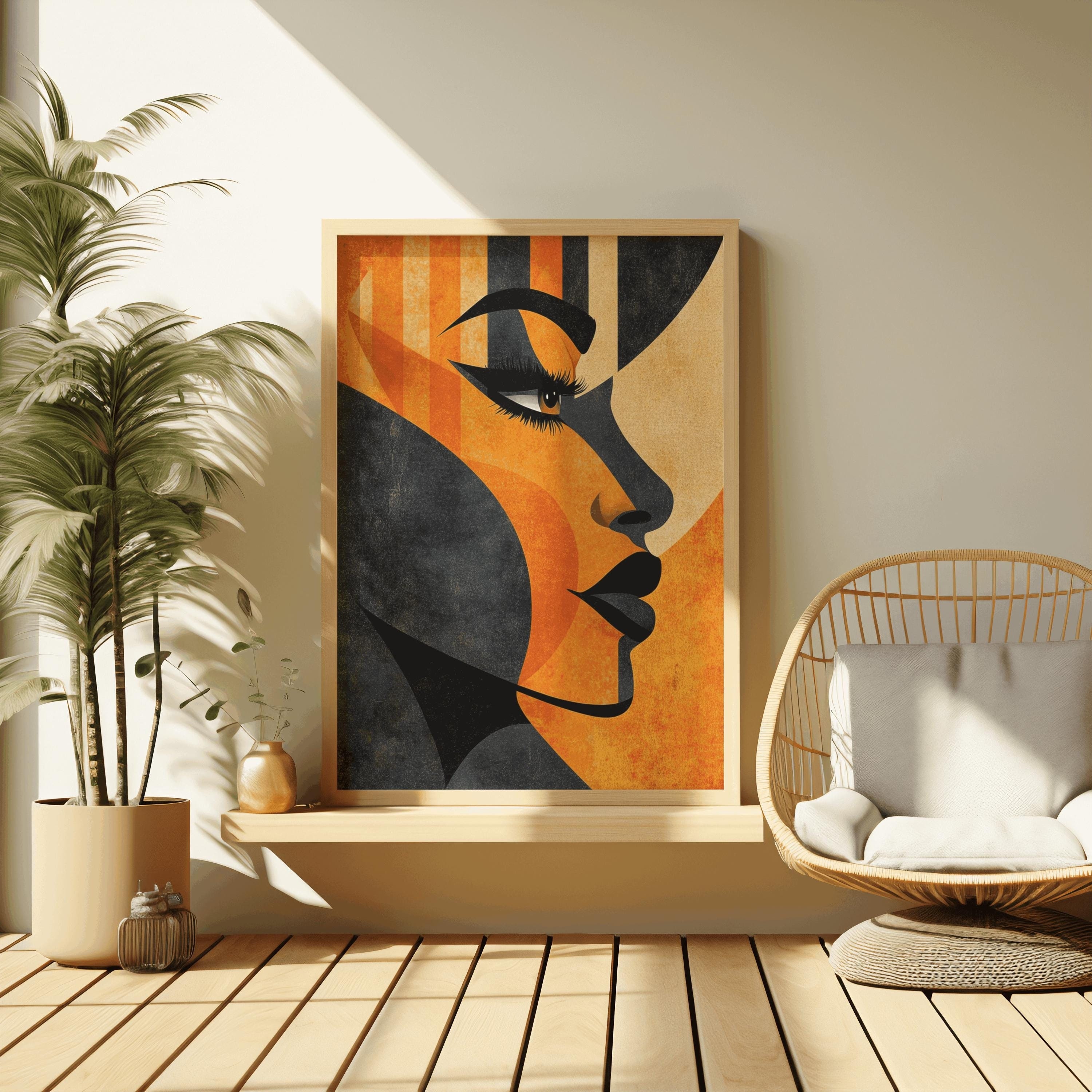 Side Profile Portrait Art for Modern Interior Profile Art in Orange ...
