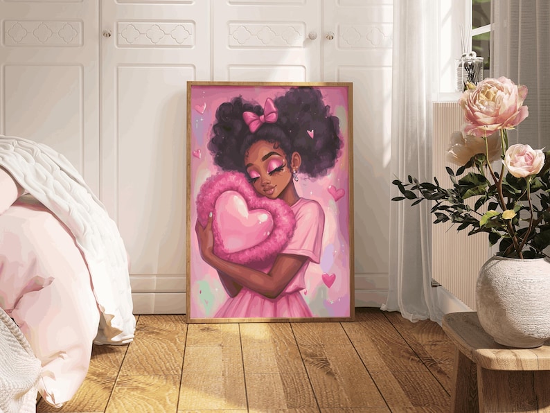 Black Girl Pink Aesthetic Wall Art Print Cute Afro Puff Illustration ...