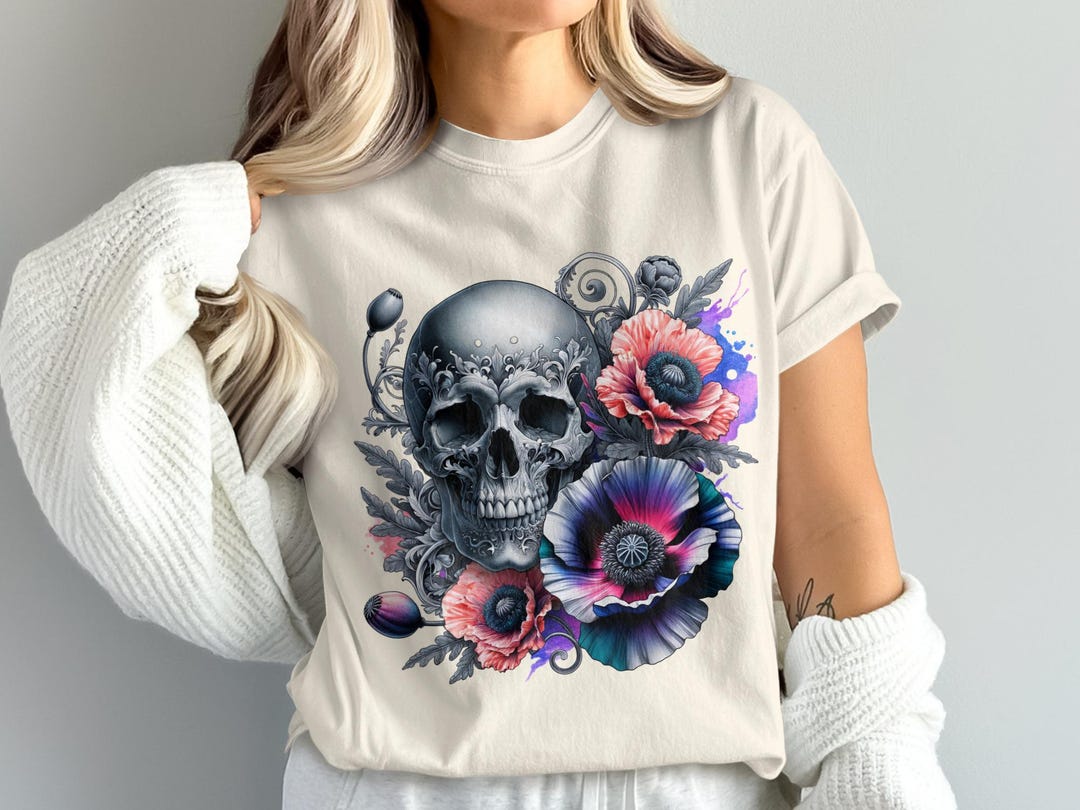Floral Skull Sublimation Design: Poppy Skeleton Clipart (PNG Digital ...