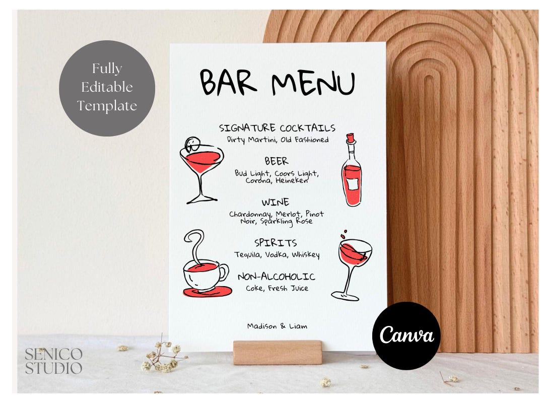 Editable Quirky Hand Drawn Wedding Bar Menu Template, Whimsical Fun ...