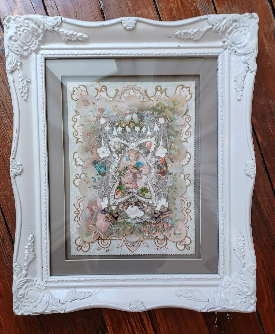 Framed Antique Victorian Valentine - Elaborate - Cupid, Doves, Flowers ...