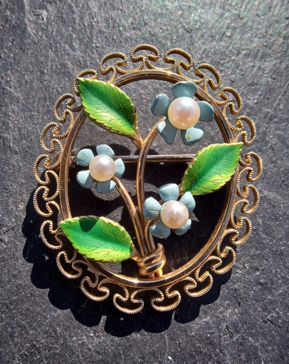 Vintage Krementz Blue Flower Bouquet Brooch - real pe… - Gem