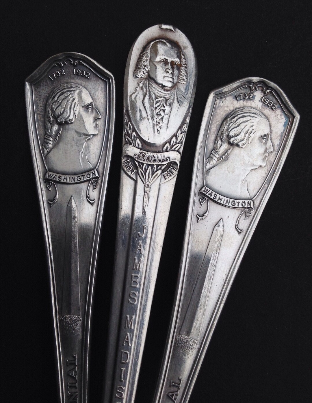 3 President Tea Spoons 2 George Washington 1932 Bicentennial and James ...