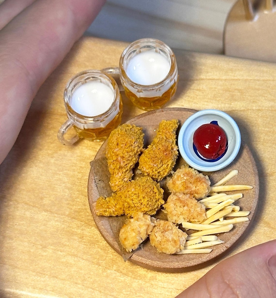 Miniature Fried Chicken and Fries, With 2 Beers for Dolls: 1/6 Scale ...