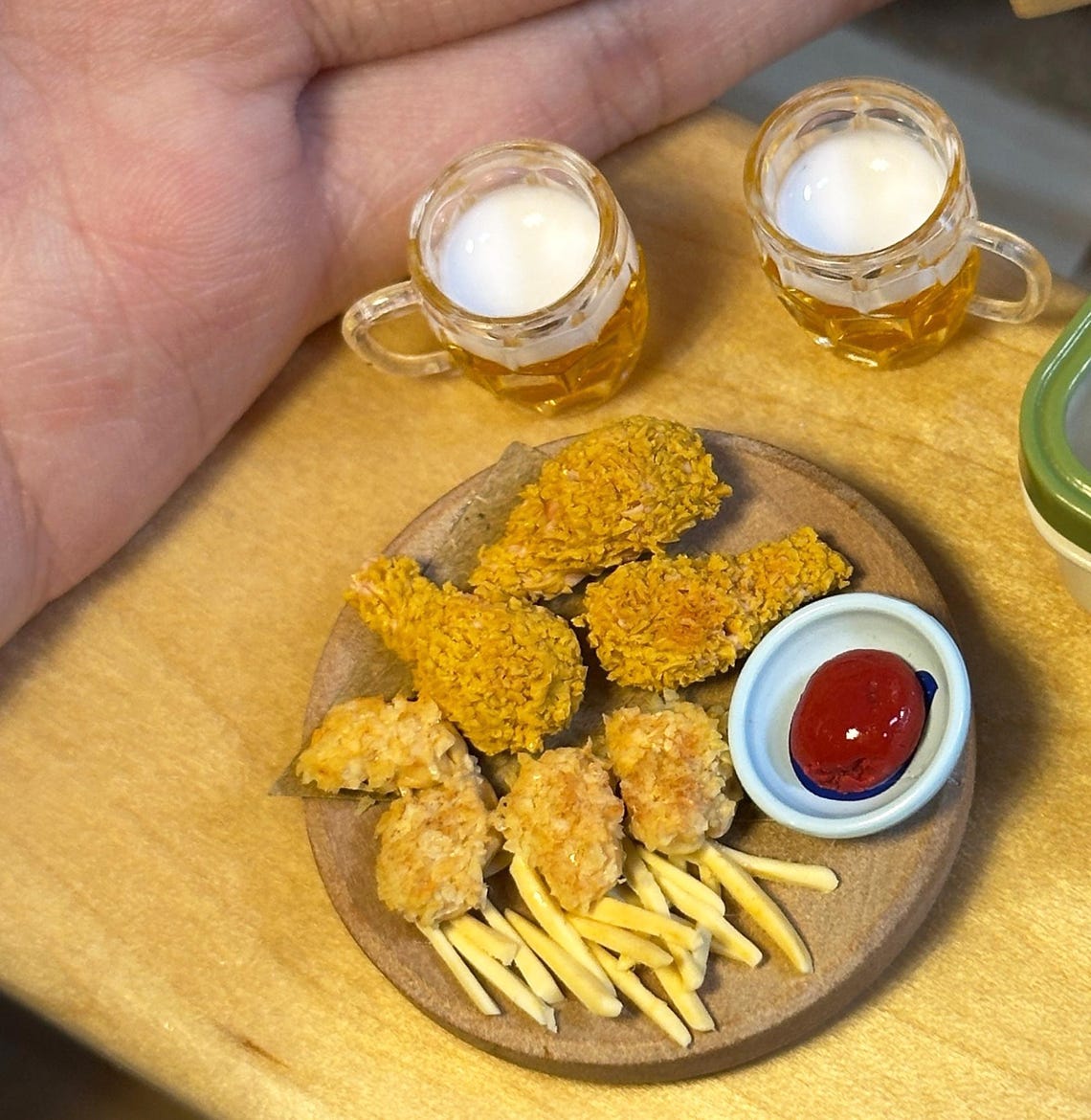 Miniature Fried Chicken and Fries, With 2 Beers for Dolls: 1/6 Scale ...