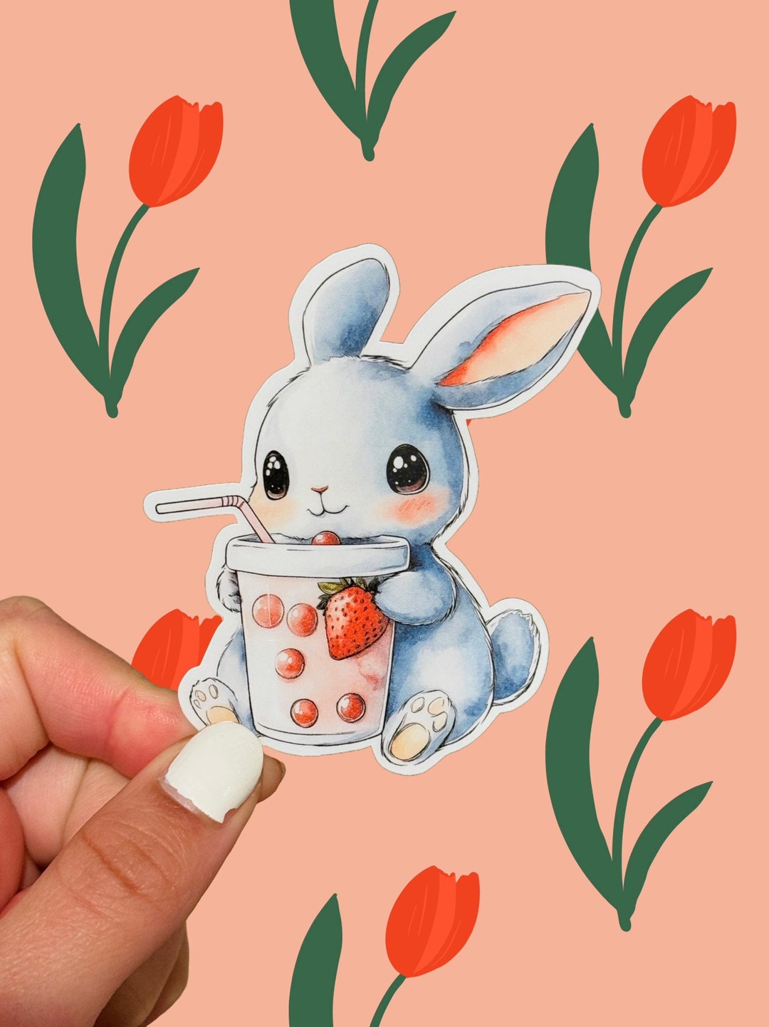 Vinyl Bunny Boba Tea Sticker - Cute Bunny Drinking Strawberry Bubble ...