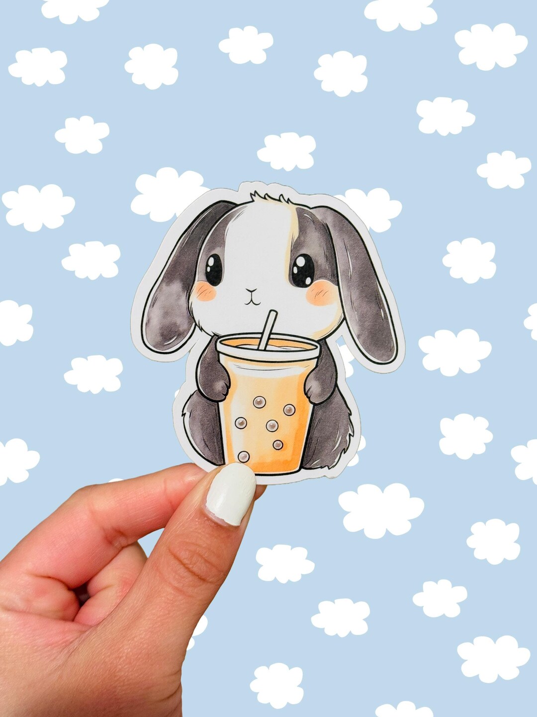 Vinyl Baby Bunny Boba Tea Sticker - Cute Black & White Bunny Drinking ...