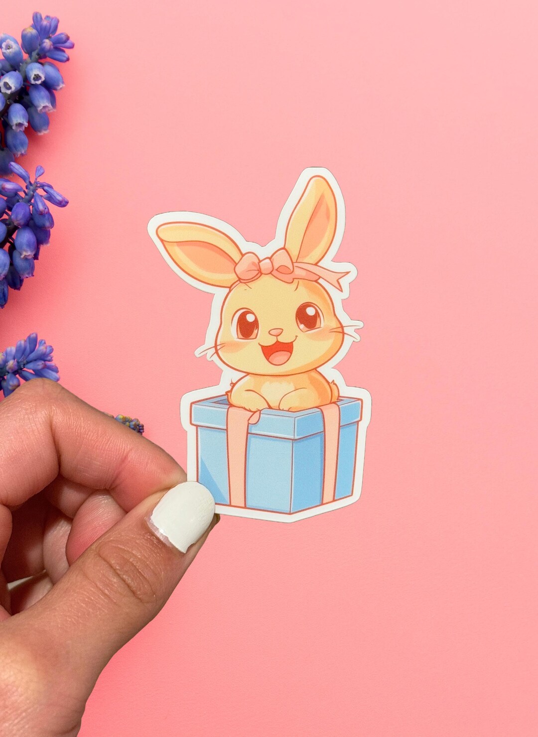 Vinyl Happy Bunny Sticker - Beige Rabbit With Pastel Pink Bow in a Blue ...