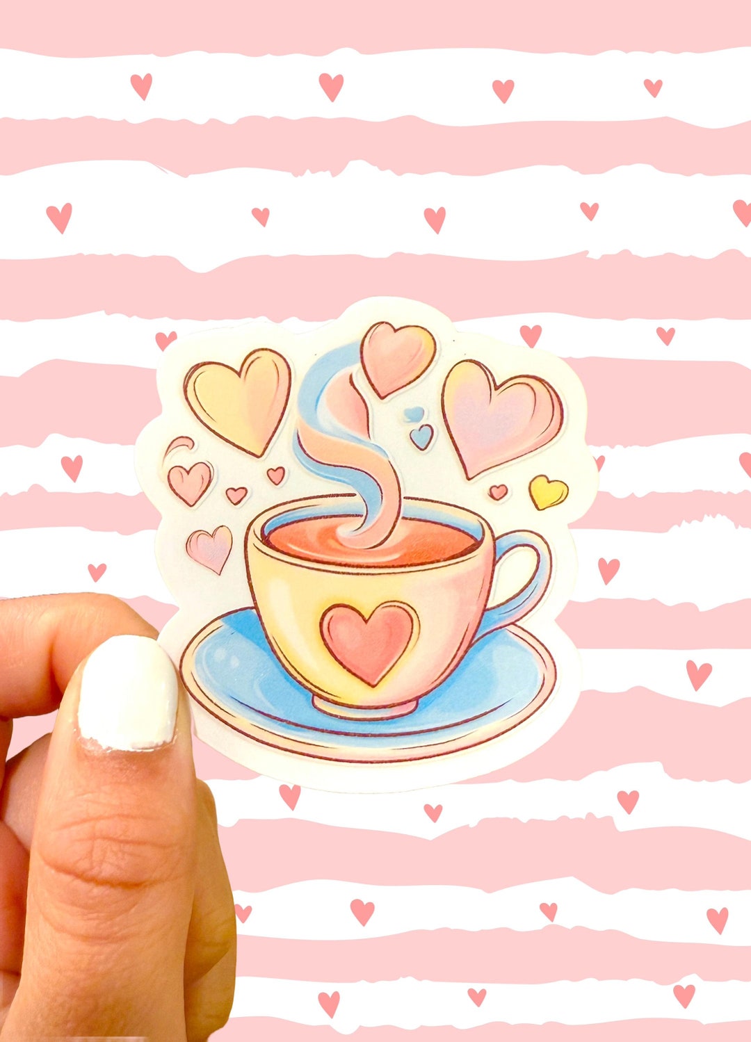 Tea Cup Vinyl Die-cut Sticker - Cute Pastel Cup With Hearts - Adorable ...