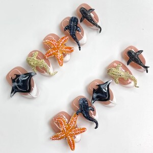 3D Ocean Animal Press-on Nails - Handmade Sea Life Nail Art - Manta Ray ...