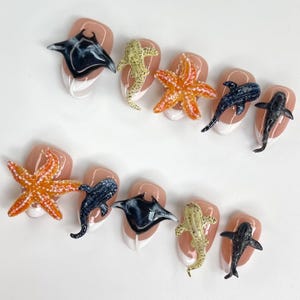 3D Ocean Animal Press-on Nails - Handmade Sea Life Nail Art - Manta Ray ...
