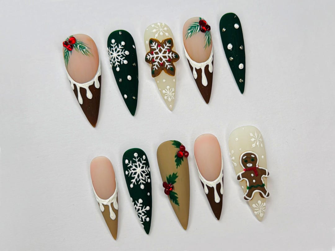 Festive Holiday Press on Nails With Gingerbread, Snowflakes, Drip Art ...