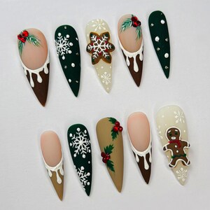Festive Holiday Press on Nails With Gingerbread, Snowflakes, Drip Art ...