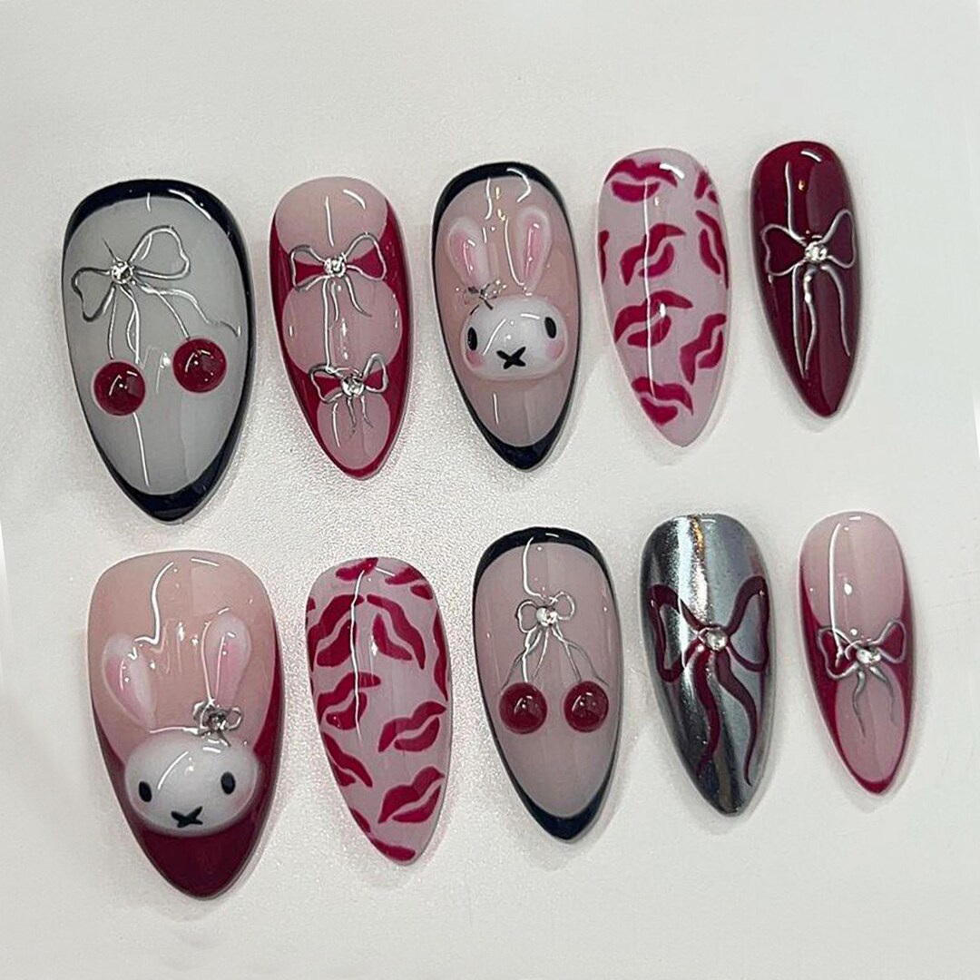Cherry Bunny Press on Nails - 3D Cute Rabbit Nail Art - Red Lip Print ...