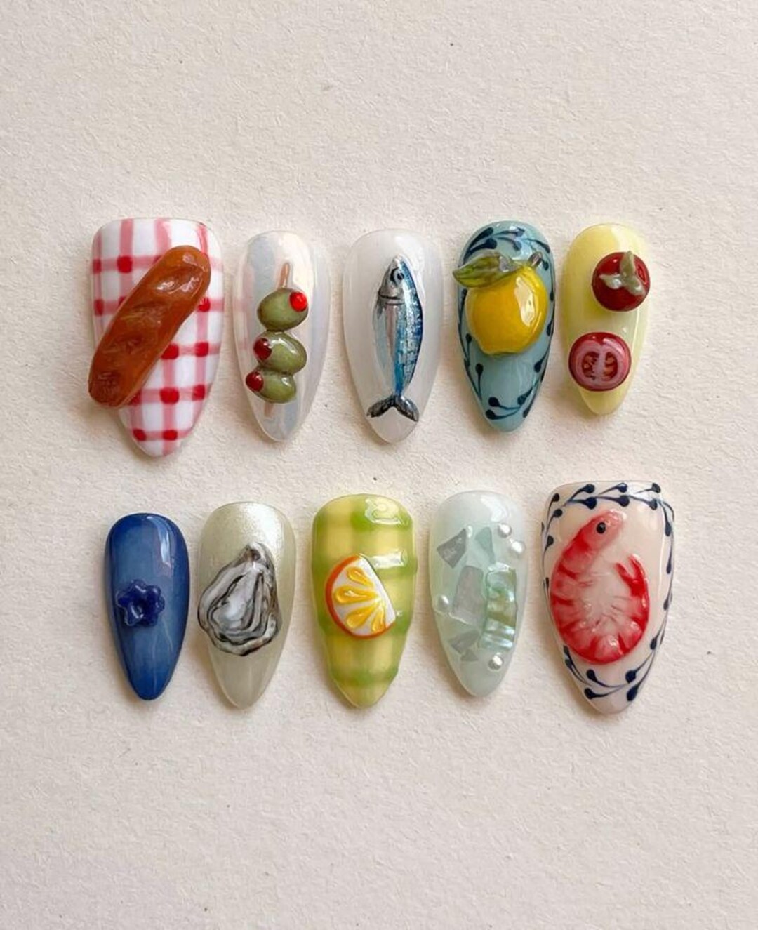 Mediterranean Food Press on Nails, 3D Seafood Bread Olive Nail Art ...