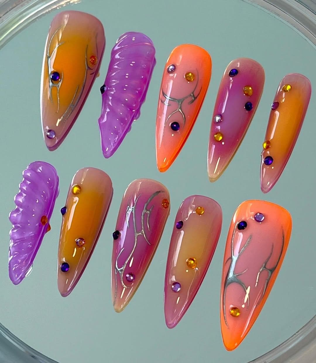 Gradient Sunset Press-on Nails - Purple and Orange Nail Art With Gem ...