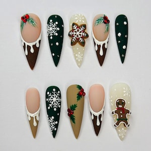 Festive Holiday Press on Nails With Gingerbread, Snowflakes, Drip Art ...