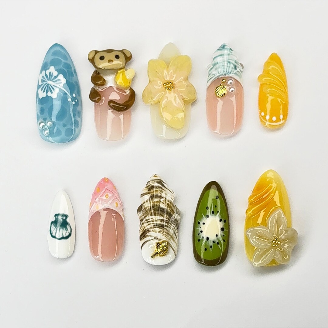 Handmade Monkey Nail Art Set, 3D Press on Nails With Tropical Fruits ...