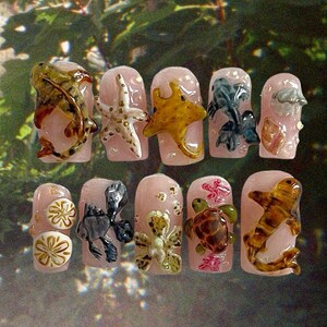 Ocean Animal 3D Press on Nails – Handmade Sea Turtle, Starfish, Shark ...