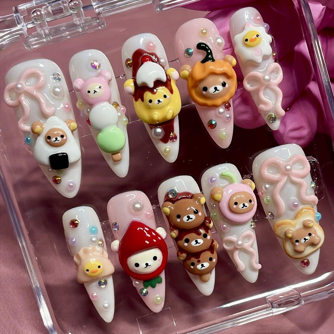 Kawaii Bear Press on Nails - Rilakkuma 3D Nail Art - Cute Handmade ...