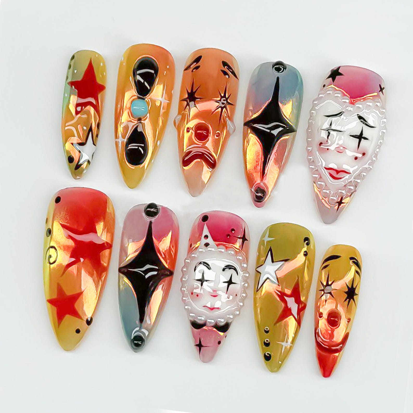 Artistic Clown-themed Press on Nails Bold and Vibrant Carnival-inspired ...