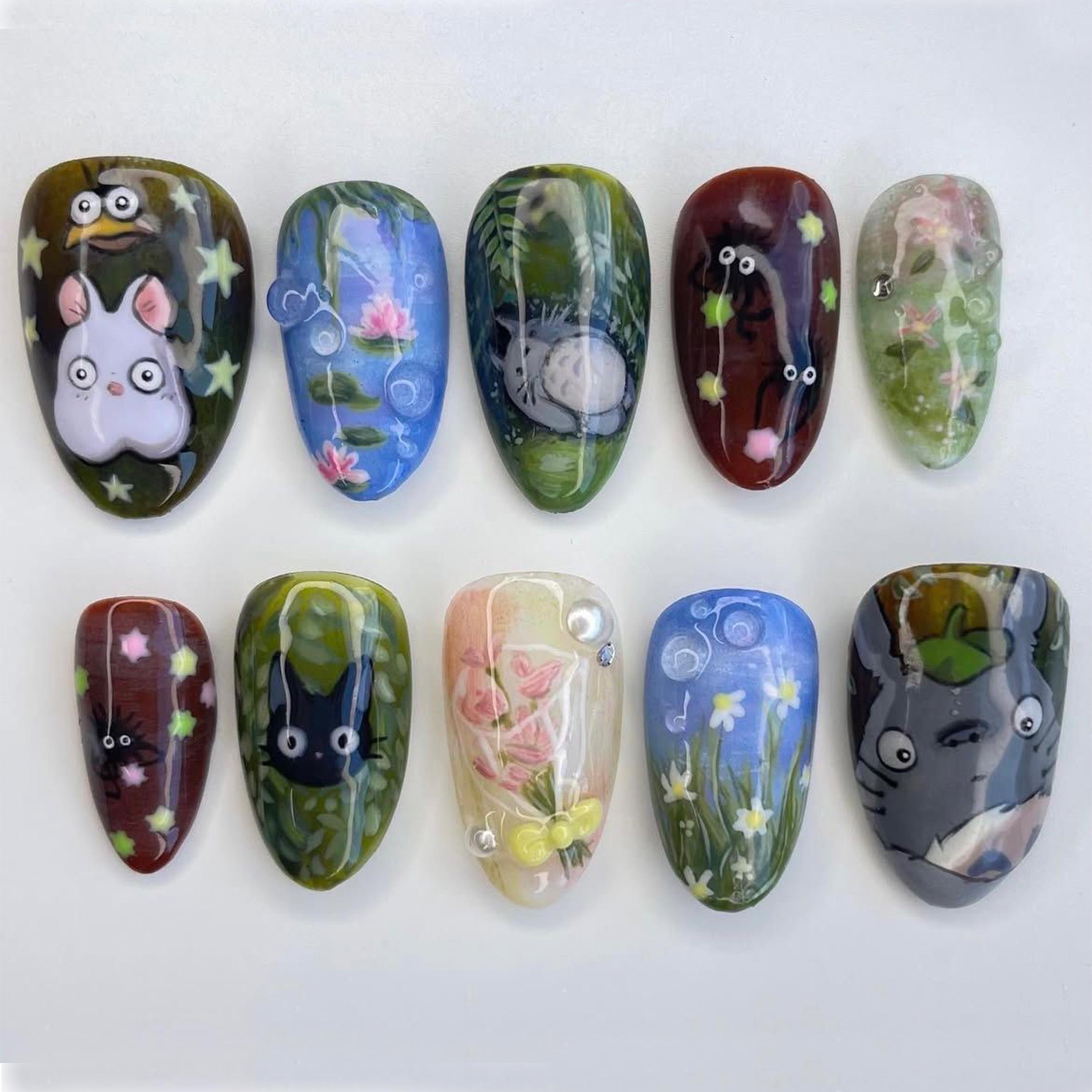 Studio Ghibli Totoro Nails, Custom 3D Press on Nails, Forest Aesthetic ...