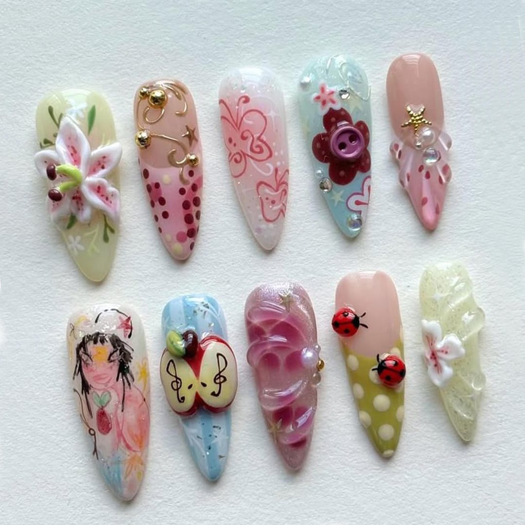 Handmade Artistic Press on Nails, 3D Flower & Bug Design, Cute ...