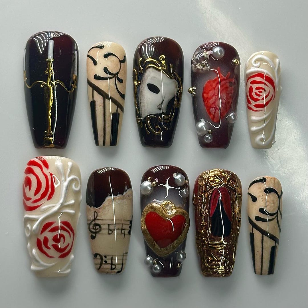 Halloween Phantom Opera Press on Nails, Gothic Vampire Rose Heart Nail ...