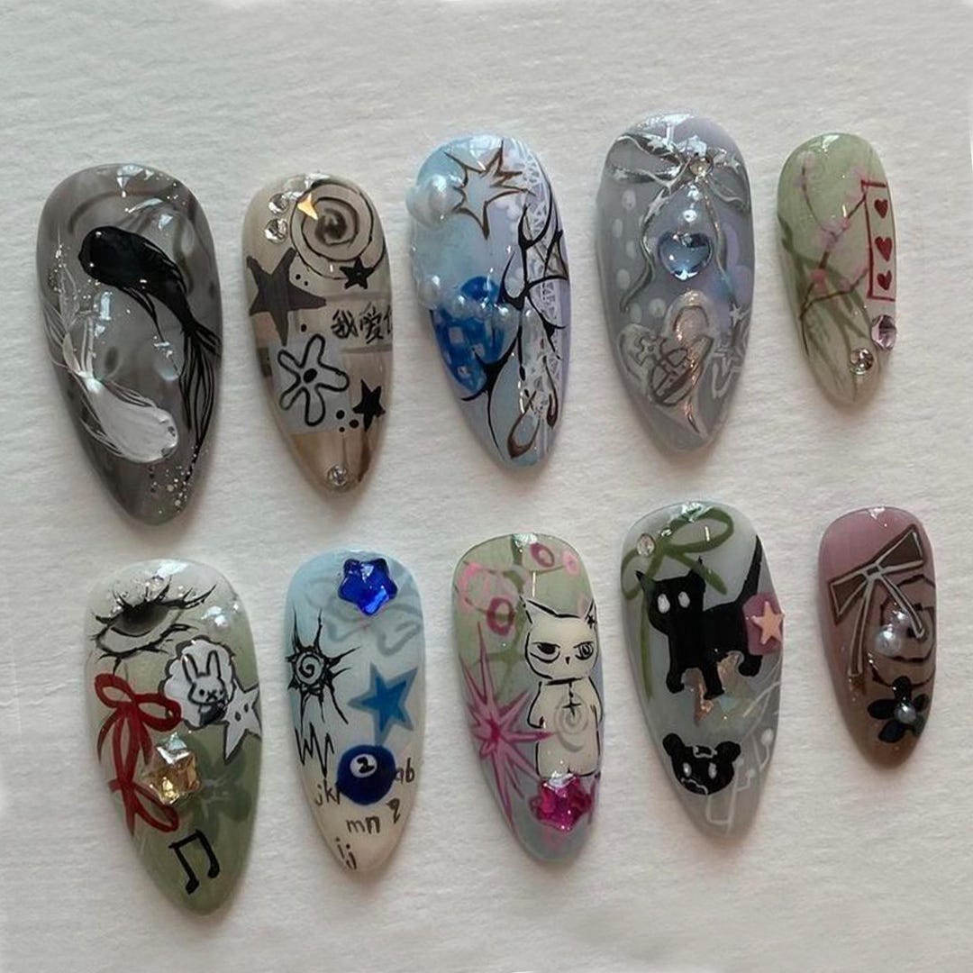 Grunge Abstract Press on Nails, Edgy Alt Nail Art, Kawaii Goth Handmade ...