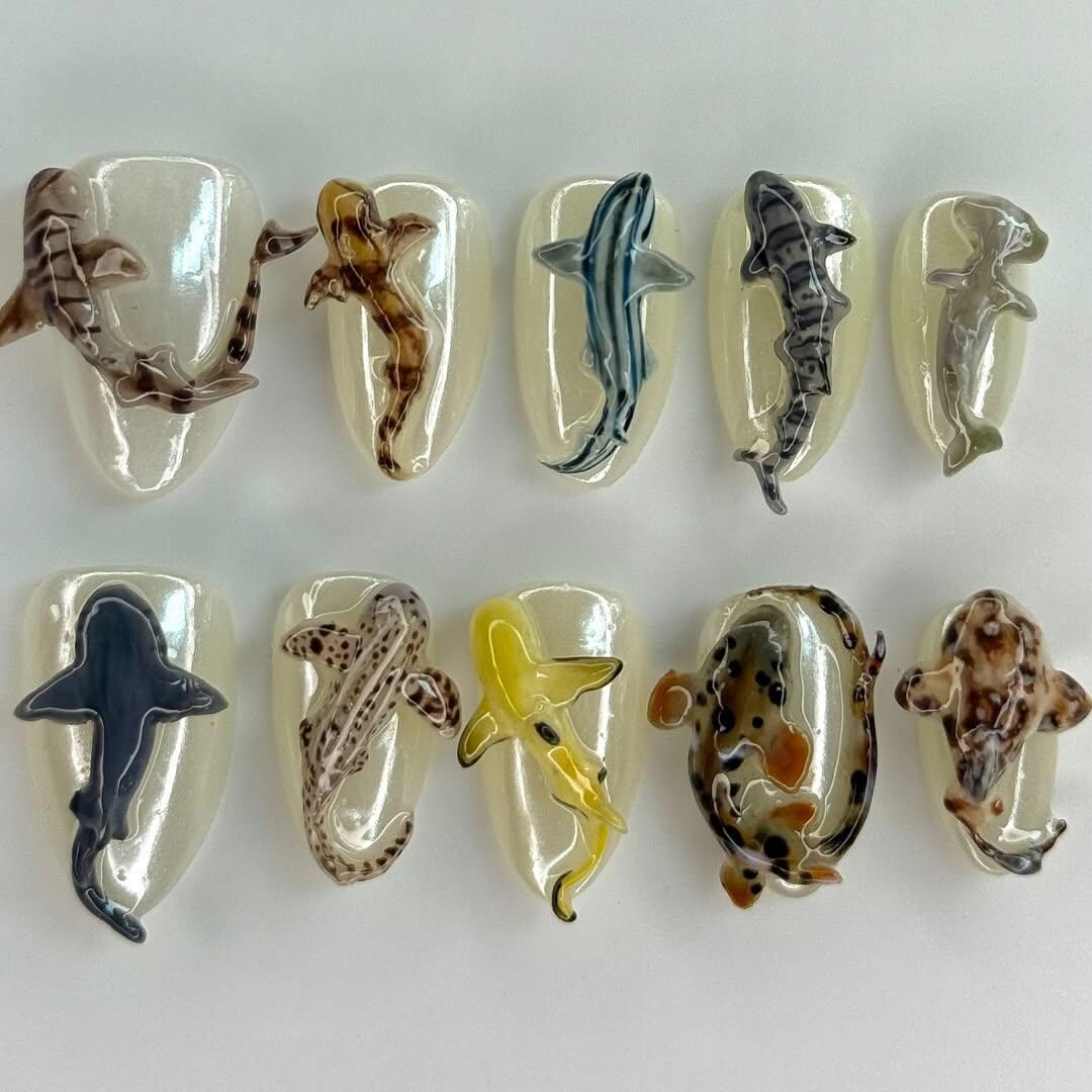3D Shark Press on Nails – 3D Ocean Nail Art - Handmade Marine Life Fake ...