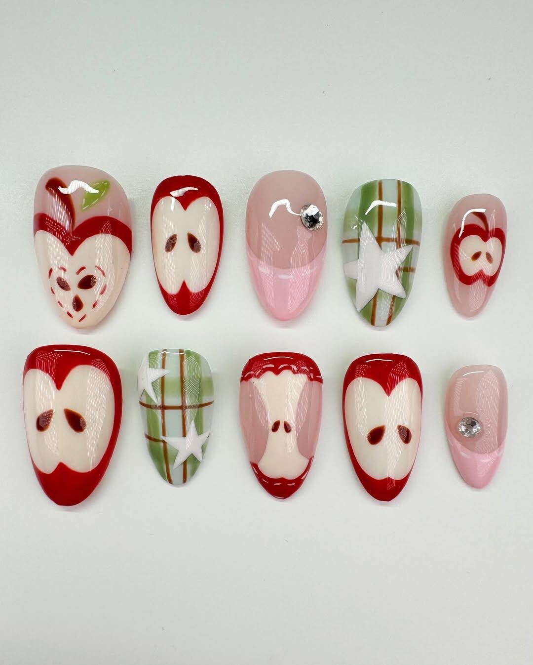 Apple-themed Press on Nails - Cute Red & Green Nails - Glossy 3D Apple ...