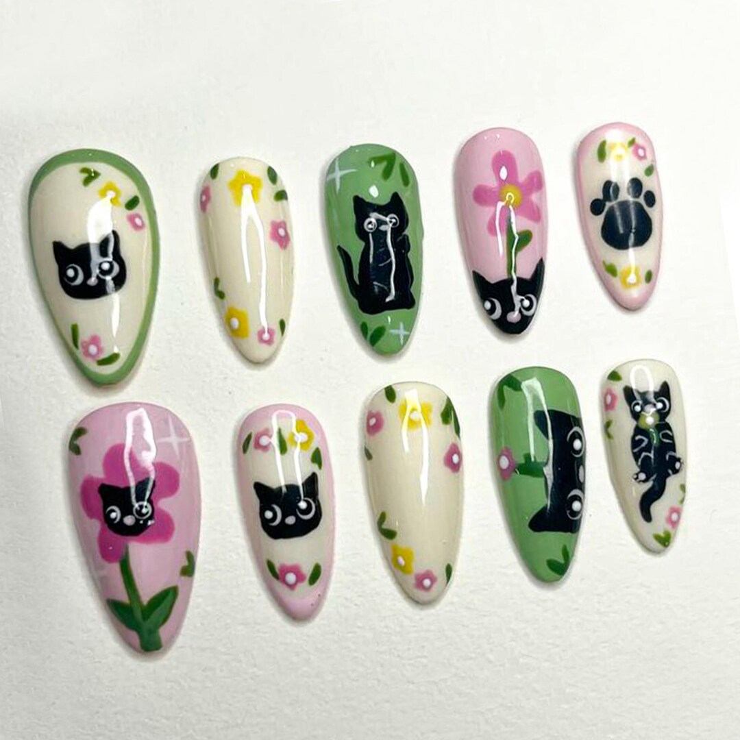 Black Cat Press on Nails - Cute Kawaii Nail Art - Hand Painted Kitty ...