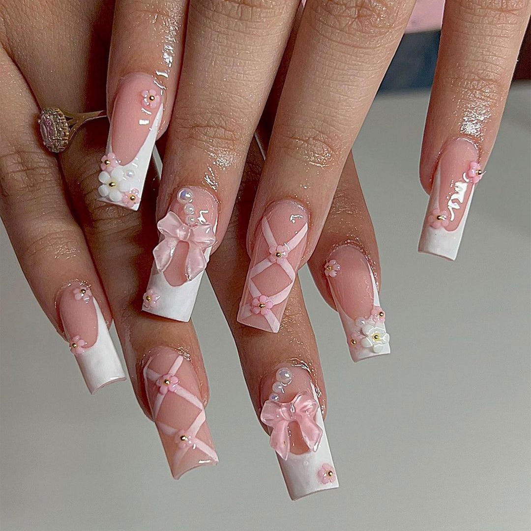 Elegant Pink Bow and Floral French Tip Press-on Nails - Luxury Long ...
