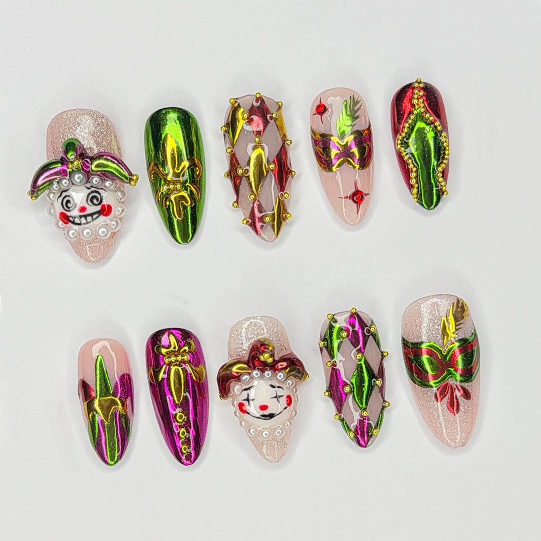 Jester Clown Press on Nails – 3D Clown Design Nail Art - Glitter ...